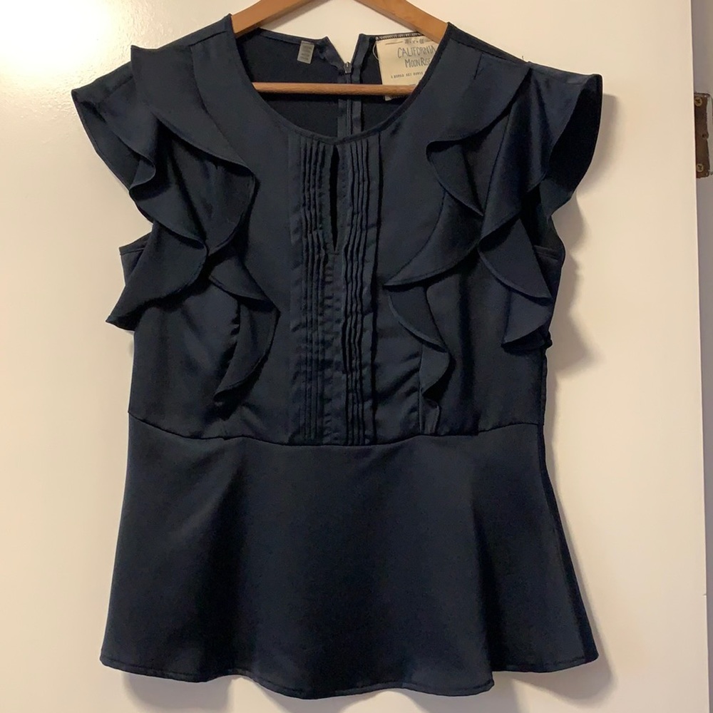 Nwot Navy Satin Ruffle Blouse By California Moonrise … - Gem